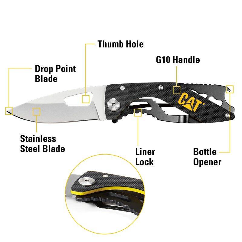 CAT 980298 6-Inch Black/Yellow Drop Point Folding Skeleton Knife With ...