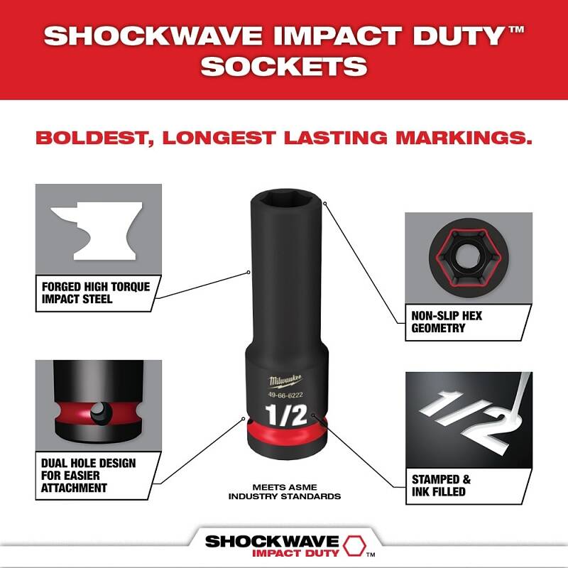 Milwaukee® 49-66-6802 SHOCKWAVE™ Impact Duty Socket 1/2-Inch Drive SAE ...