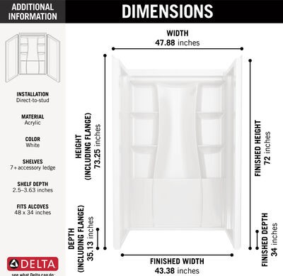 DELTA B12205-4834-WH 48-Inch X 34-Inch Three Piece Shower Wall Classic ...