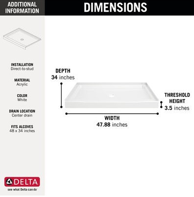 DELTA B12135-4834-WH 48-Inch X 34-Inch Shower Base Alcove Center Drain ...