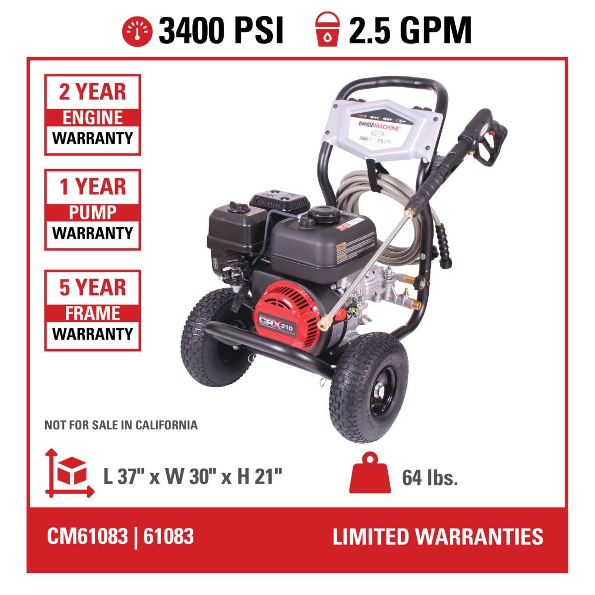 Simpson CM61083 Clean Machine Pressure Washer 3400 PSI 2.5Gpm Crx210 ...