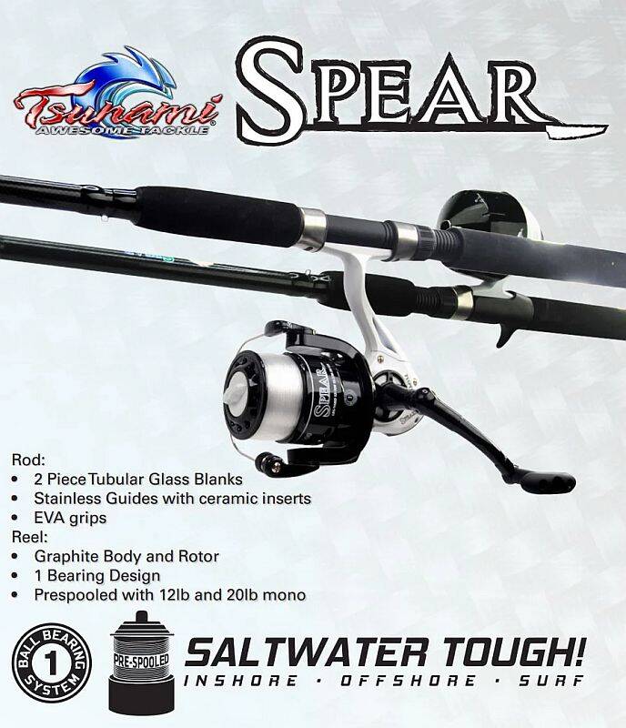 Tsunami Lures TSSPE50-BS702M 7-Foot 2-Piece Spear Spinning Rod And Reel ...