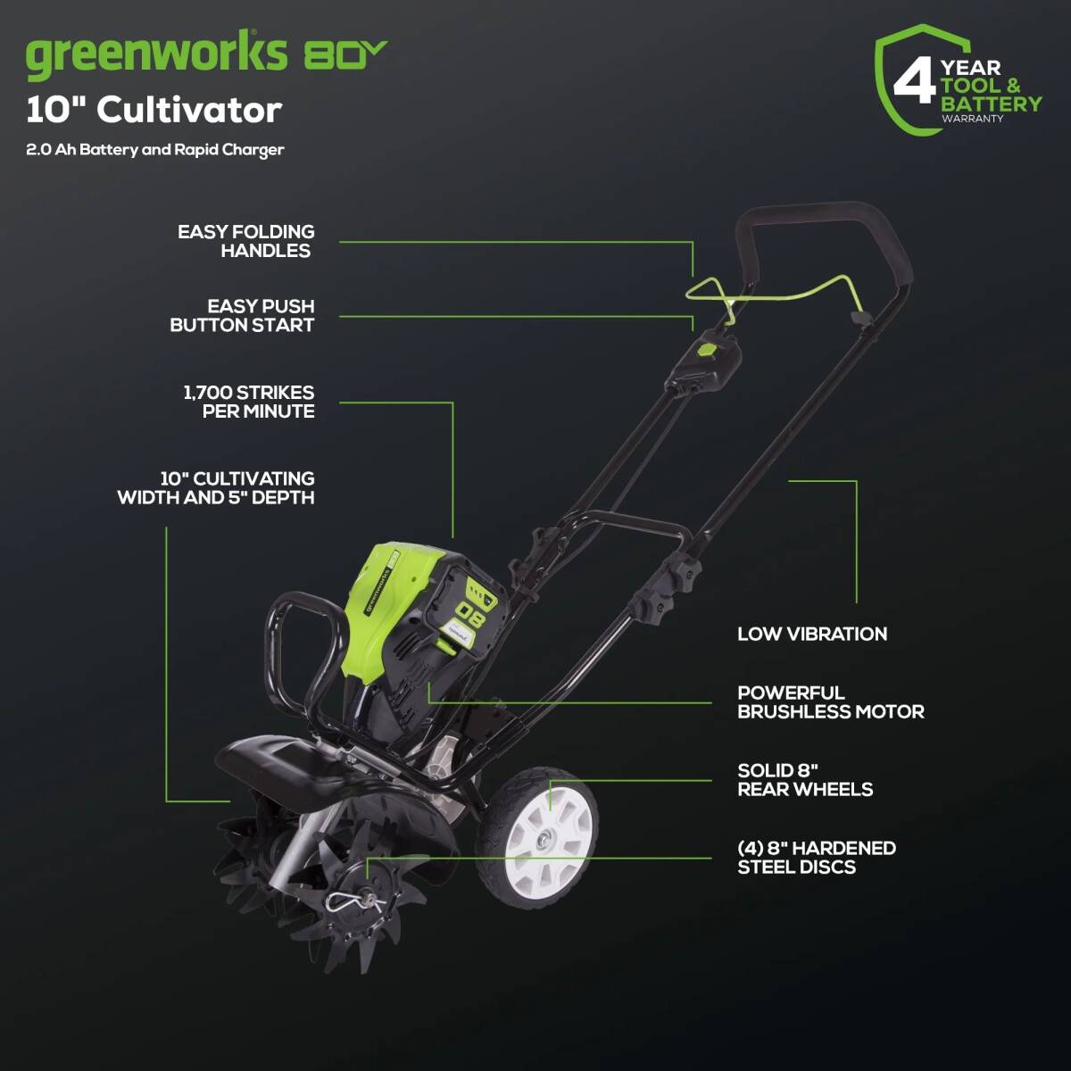 Greenworks 2800302 80-Volt 10-Inch Brushless Cultivator With 2.0Ah ...