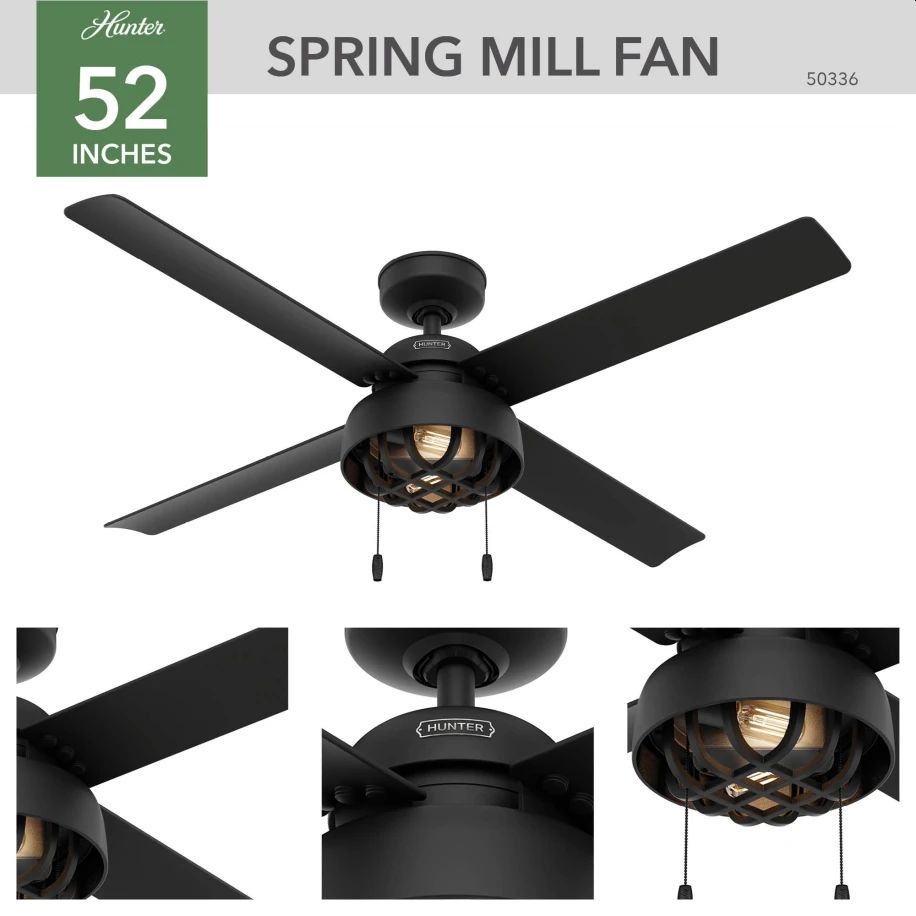 Hunter® 50336 Spring Mill 52-Inch Matte Black Outdoor LED 4-Blade ...