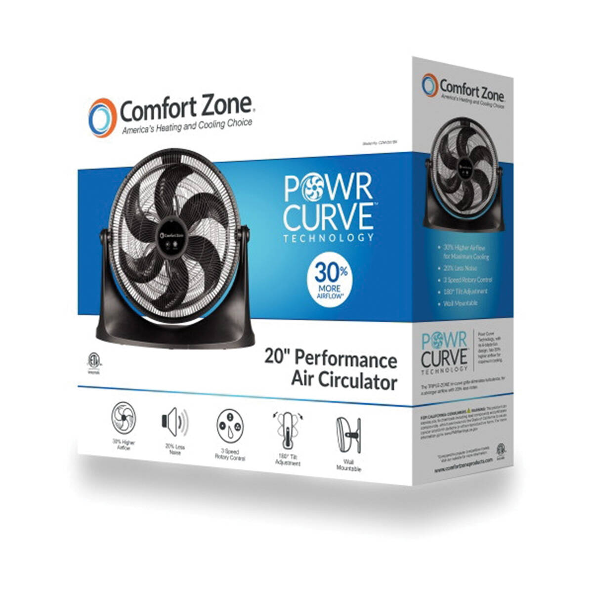 Comfort Zone CZHV201BK 20-Inch 3-Speed Black Power Curve Floor Fan at ...