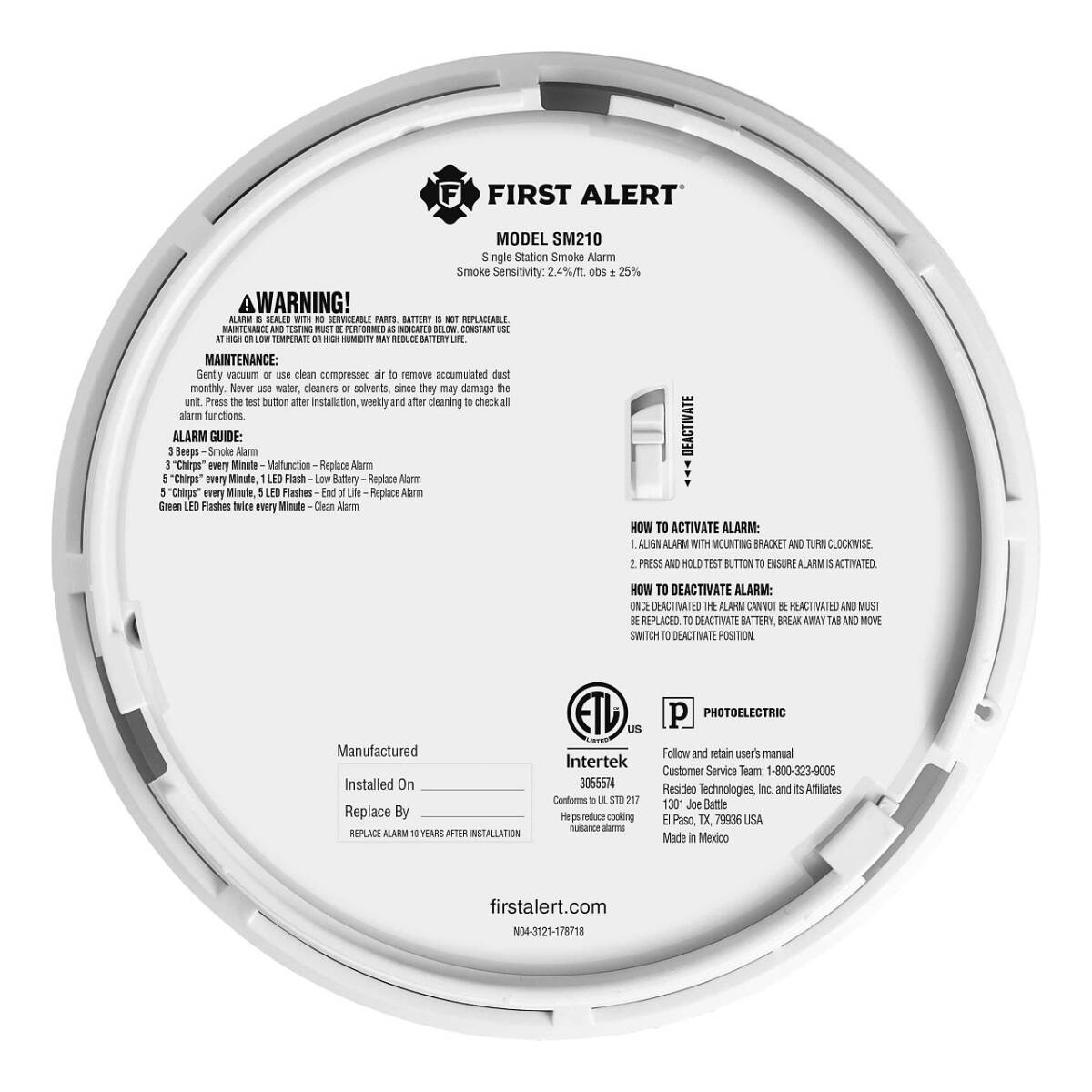 FIRST ALERT 1046731 10-Year Battery Operated Smoke Alarm with Slim ...