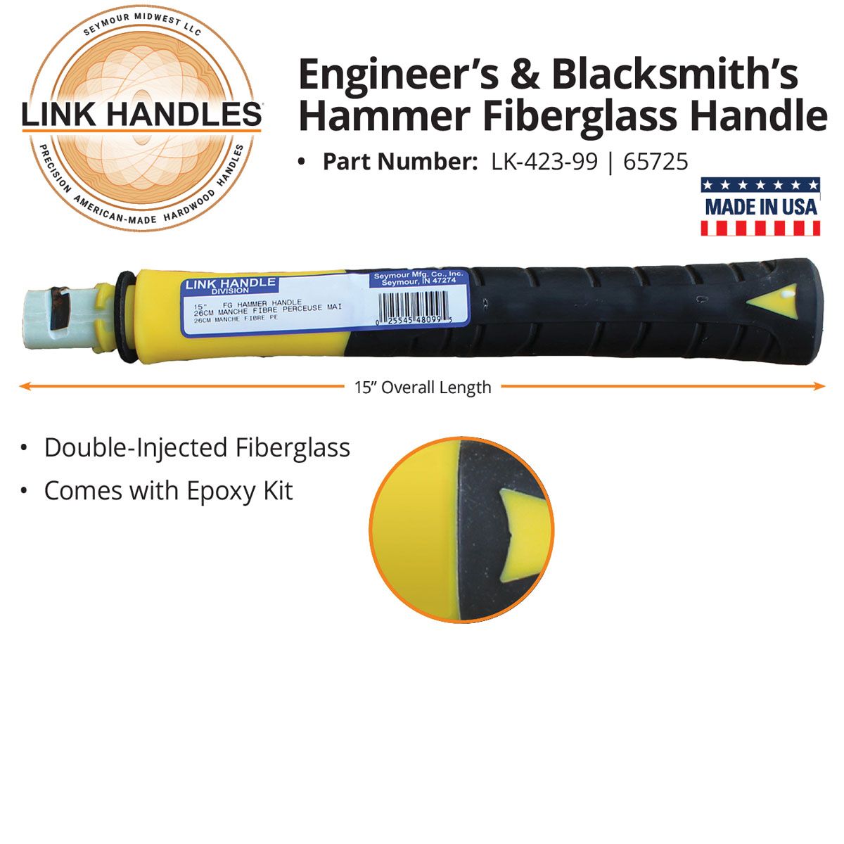 LINK HANDLES 65725 15-Inch, Fiberglass, Heavy-Duty Hammer Handle For ...