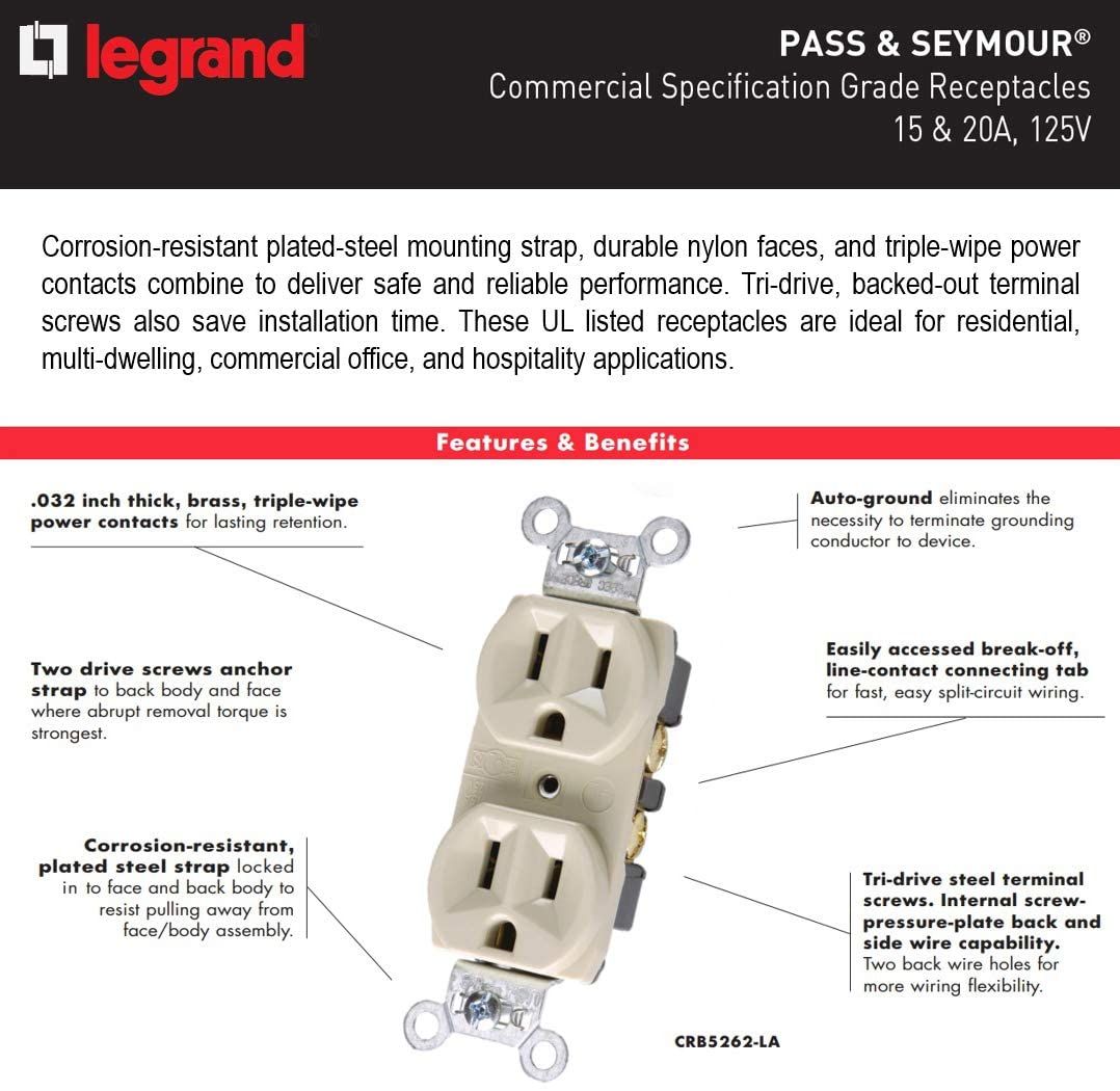 Legrand/Pass & Seymour CRB5262WCP6 15-Amp 125-Volt Commercial Duplex ...