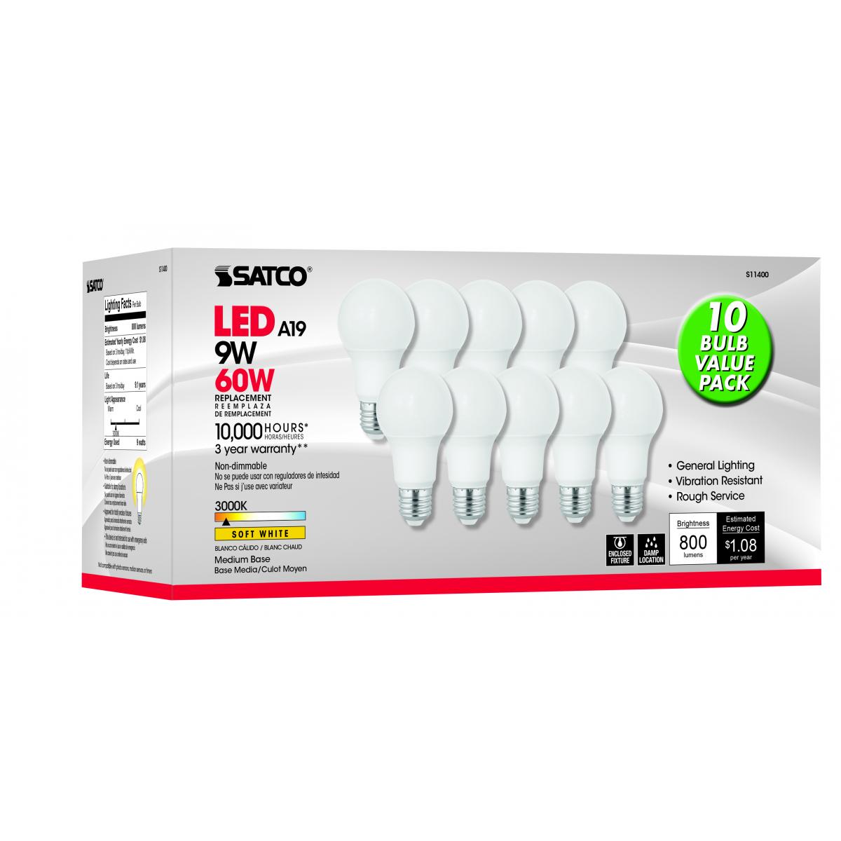 Satco® S11400 60-Watt Equivalent A19 E26-Medium Soft White Non-Dimmable LED Light Bulb, 10-Pack ...