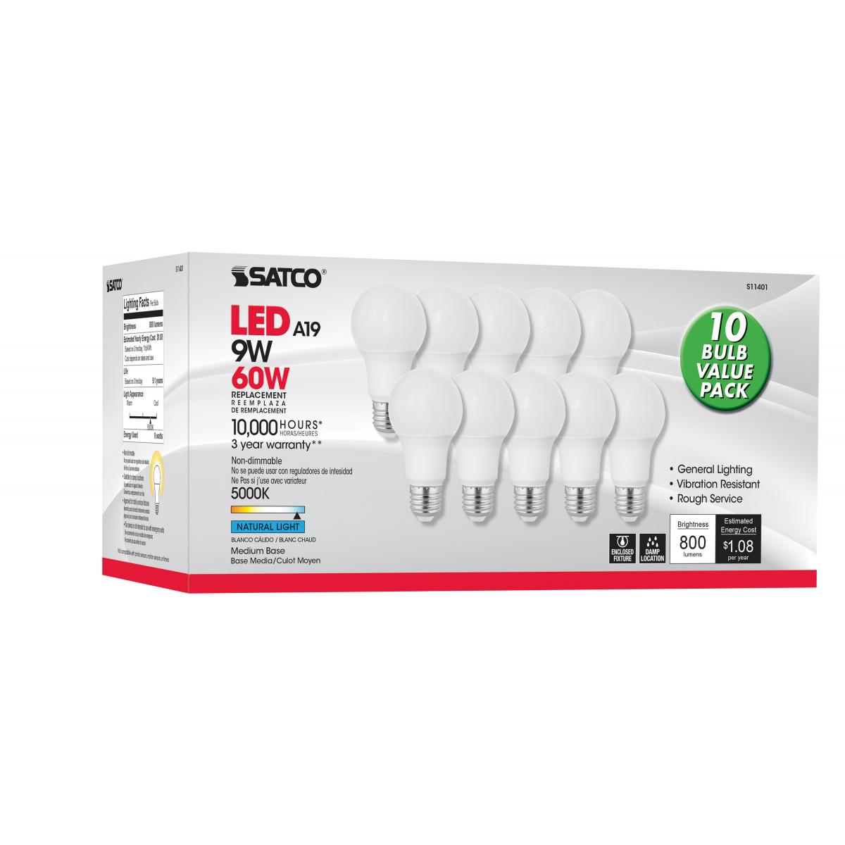 Satco® S11401 60-Watt Equivalent A19 E26-Medium Natural Light Non-Dimmable LED Light Bulb, 10 ...