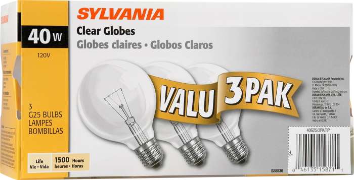 Osram Sylvania 15871 40-Watt Clear G25 Incandescent Light Bulbs, 3-Pack ...