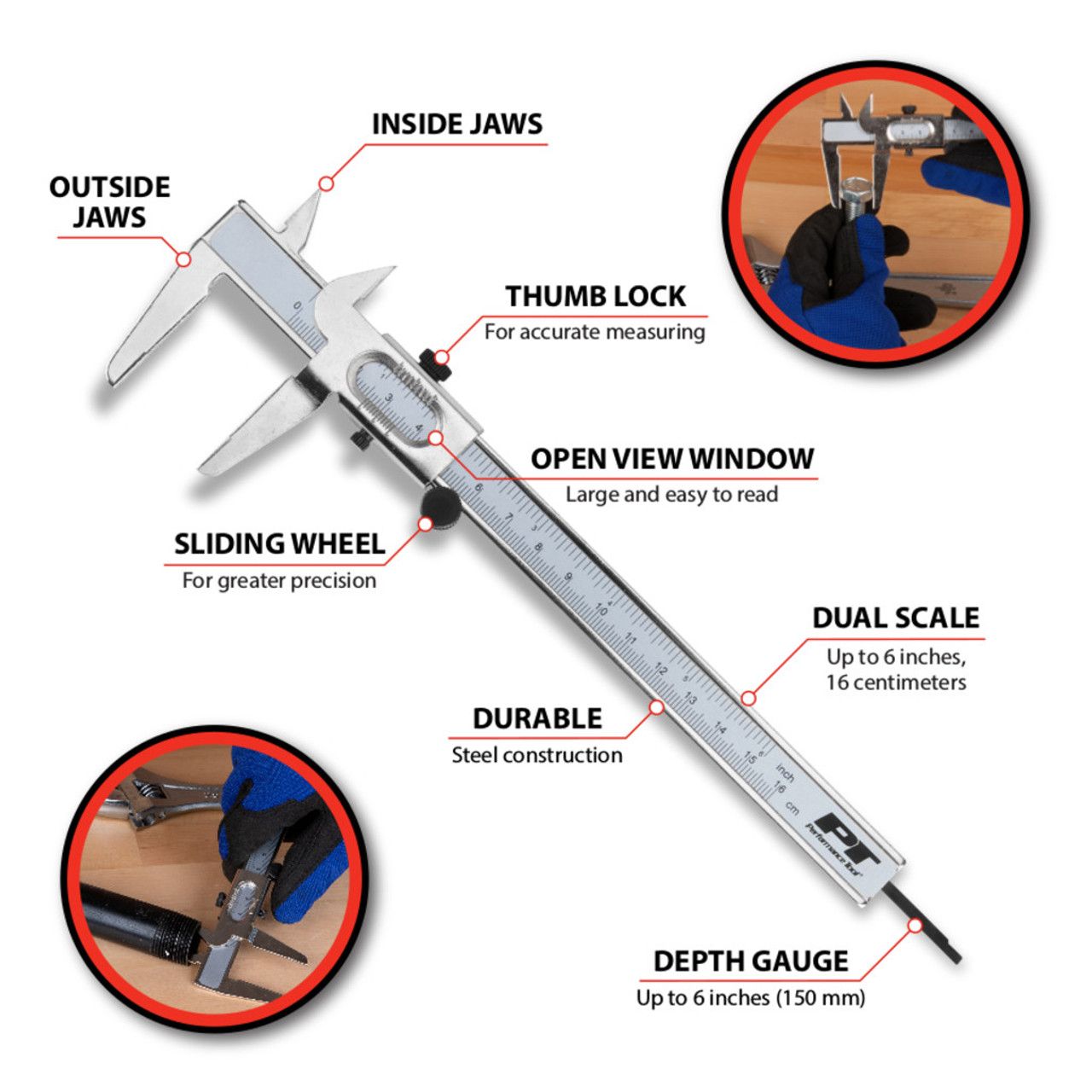 PT® Performance Tool W80163 6-Inch Vernier Caliper, SAE & Metric ...